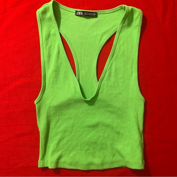 Zara | Tops | Zara Neon Green Deep V Neck Racerback Cropped Tank | Poshmark